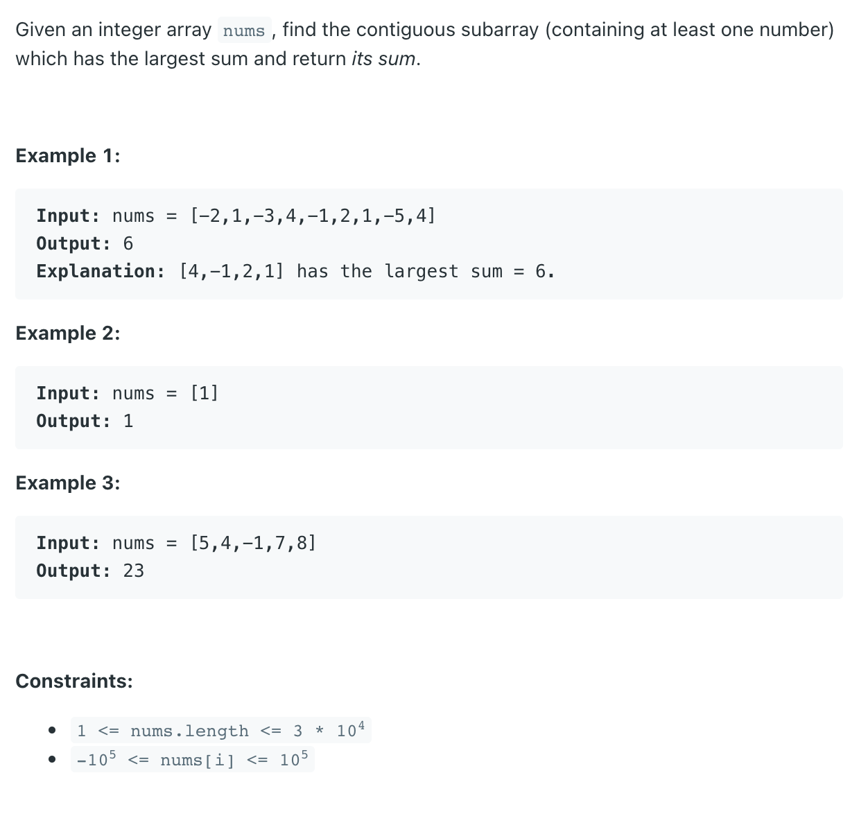 Leetcode 53 Python Maximum Subarray